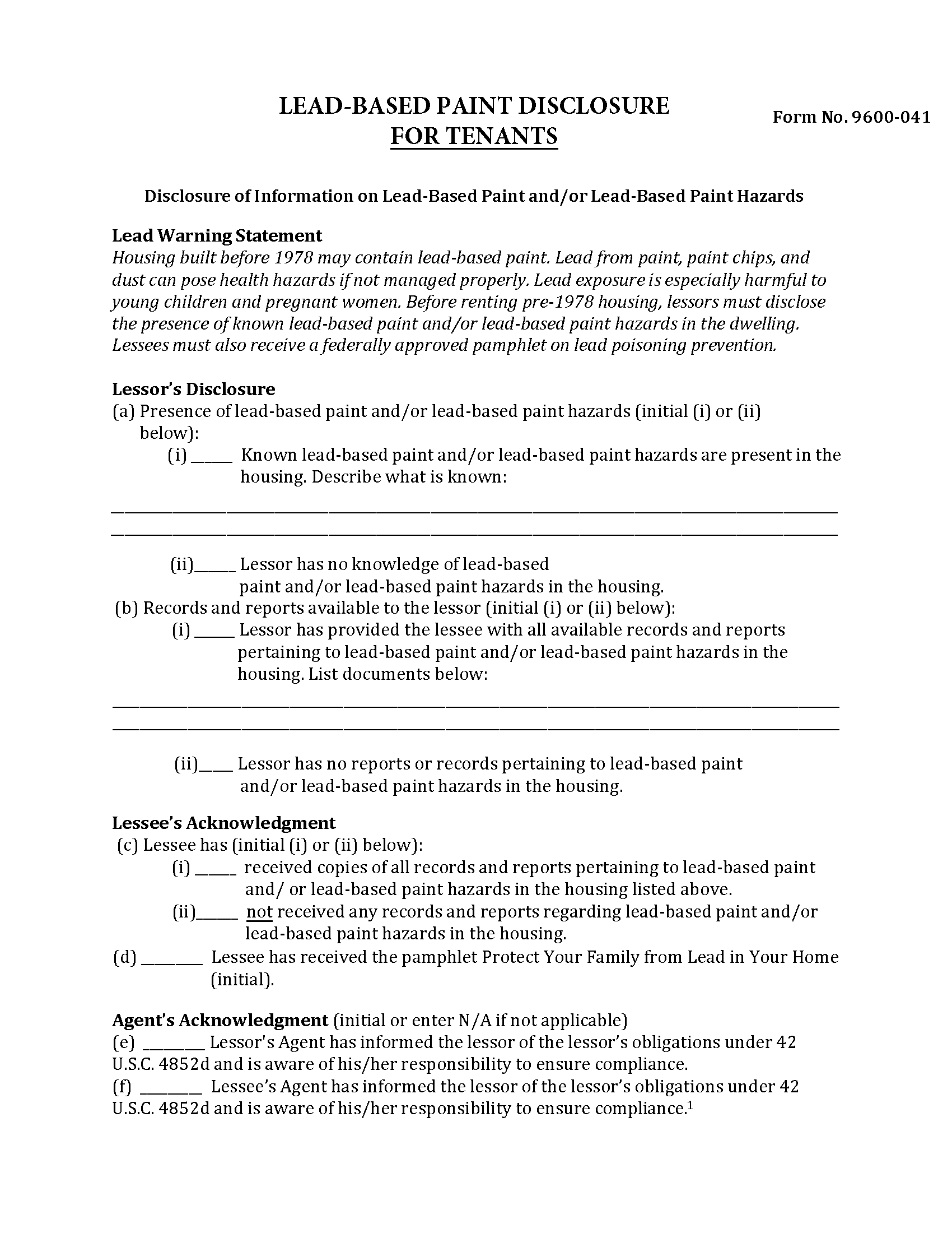 Lead-Based Paint Disclosure Form