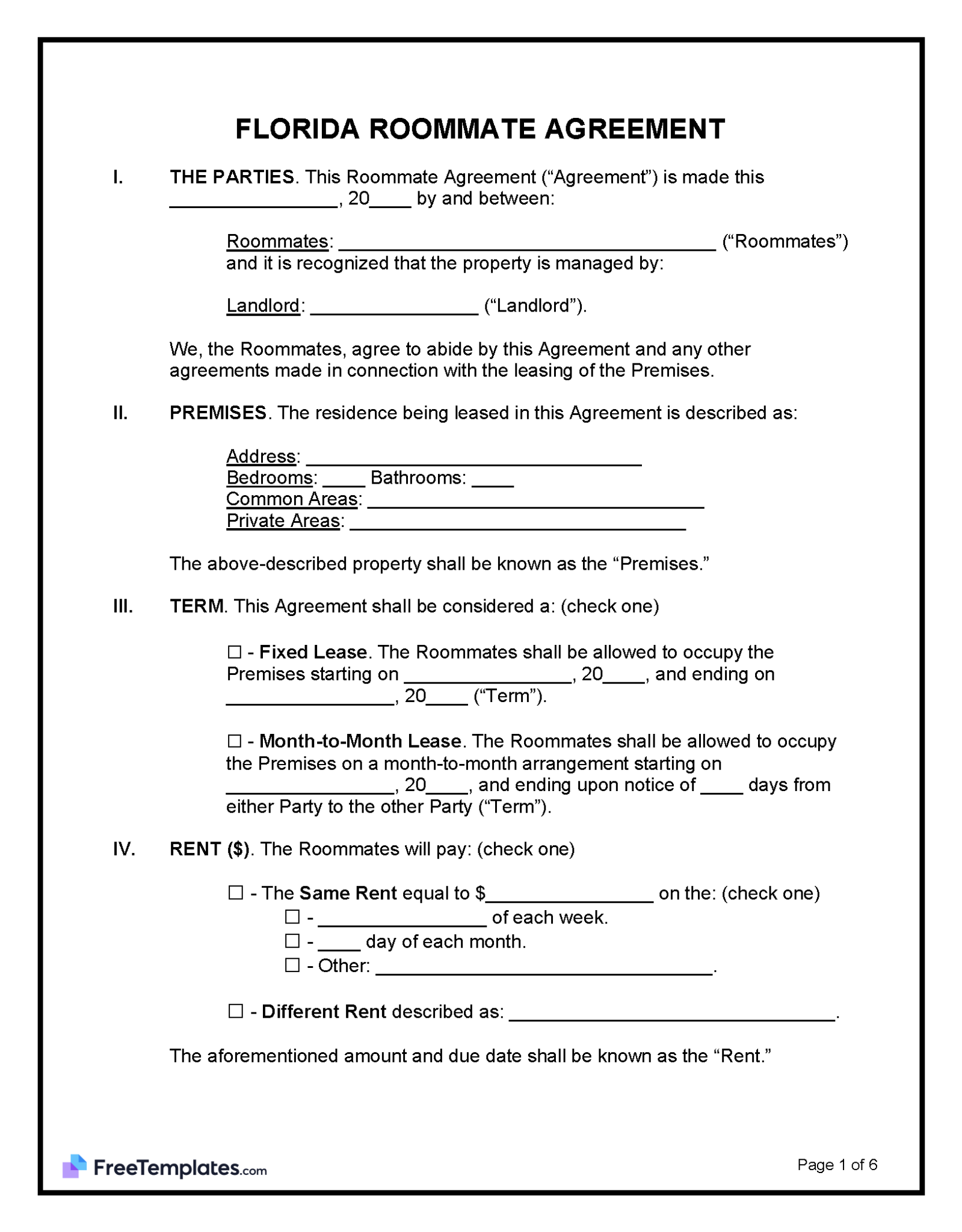 Florida Roommate Agreement Template | PDF | Word